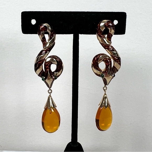 Trifari | Jewelry | Trifari 96s Garden Of Eden Serpent Drop Earrings Amber Glass And Enamel Clip ...